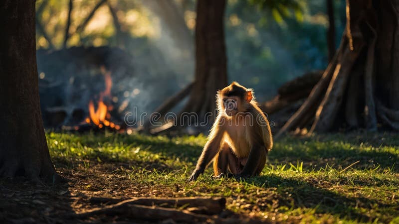 Golden Monkey Sitting Near Campfire in Forest Stock Illustration ...