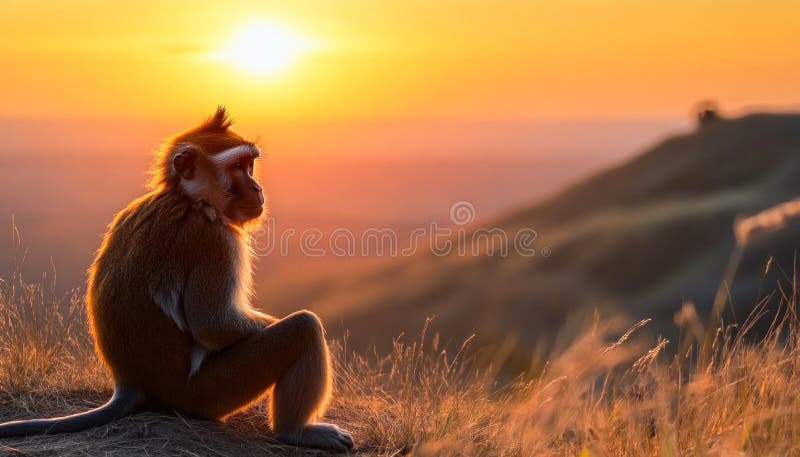 Monkey Sitting on Mountain at Sunset Enjoying the View Stock Photo ...