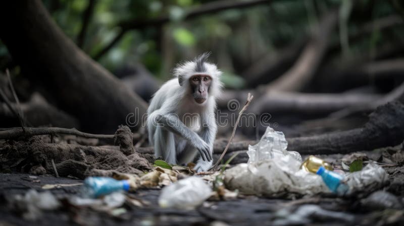 Monkey Sitting in the Plastic Trash in the Jungle Stock Illustration ...