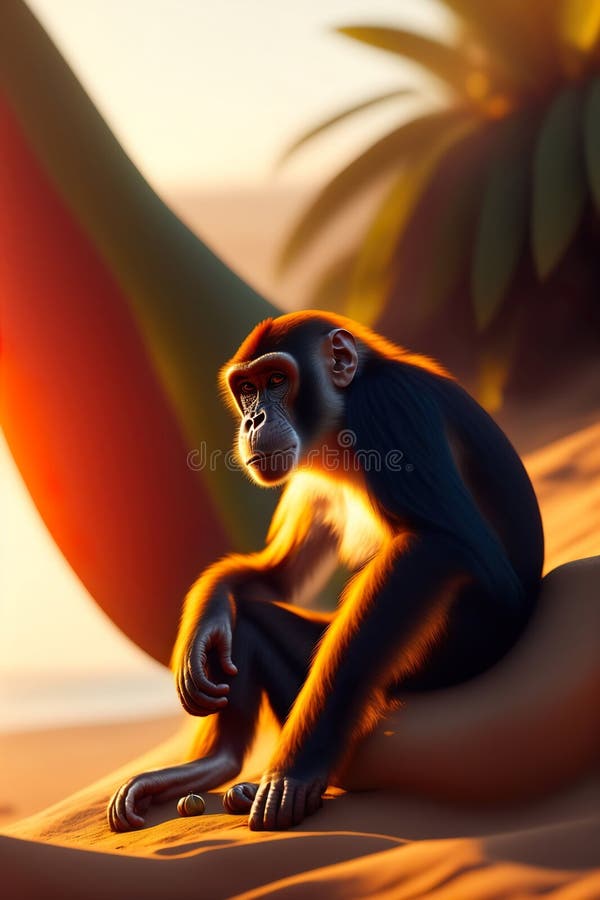 Monkey Sitting on the Sand in the Sun at Sunset. Animal Concept Stock ...