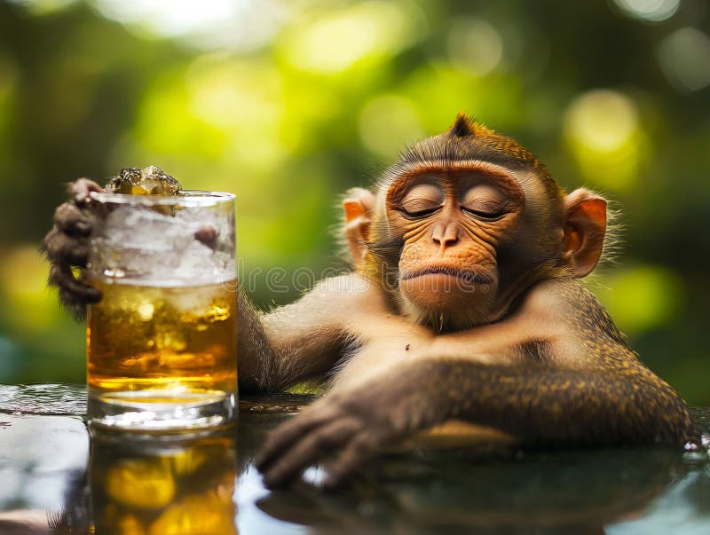 A Monkey Sitting at a Table with a Glass of Beer Stock Image - Image of ...