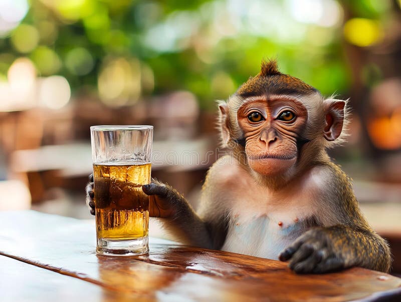 A Monkey Sitting at a Table with a Glass of Beer Stock Image - Image of ...