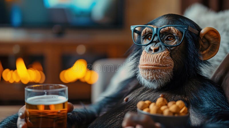 A Monkey is Sitting at a Table with a Glass of Beer and a Bowl of Nuts ...
