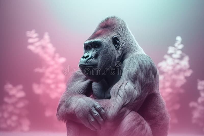 A Monkey Sitting on a Table with a Pink Background and a Blurry ...