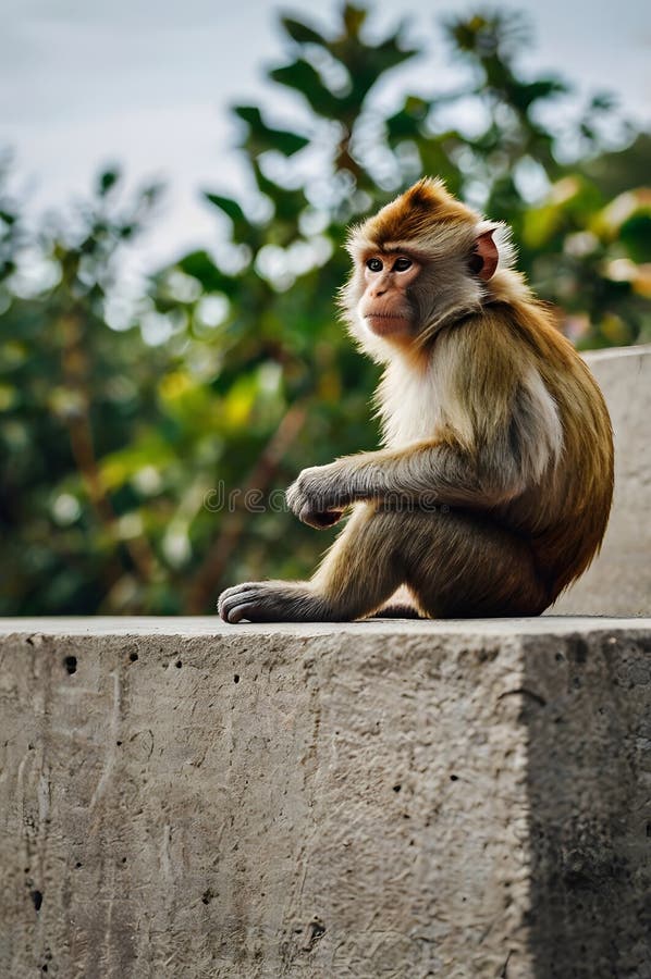 Monkey Sitting on Top of a Cement Wall in a Natural Setting Stock ...