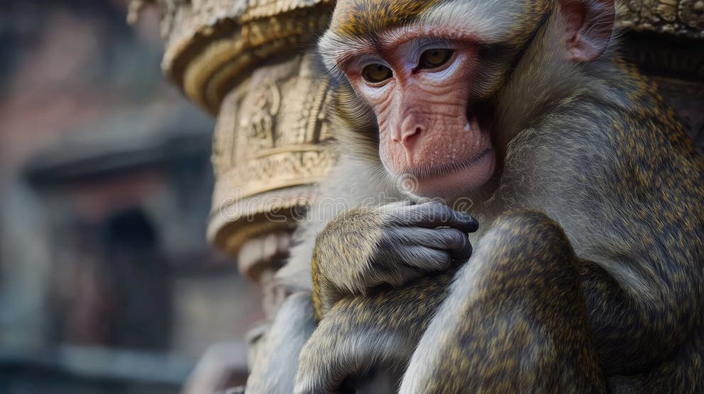 A Monkey Sitting on Top of a Stone Pillar in a Serene Environment Stock ...