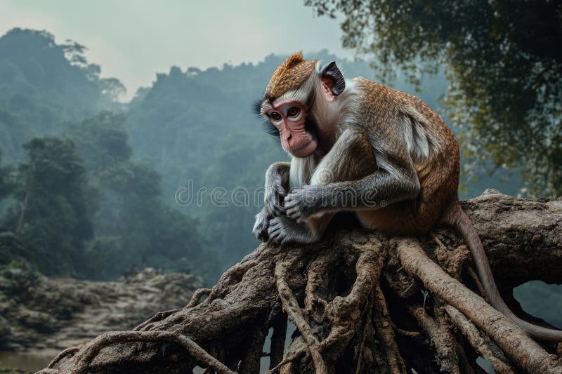 A Monkey Sitting at the Top of a Tree Branch, Looking Around Stock ...
