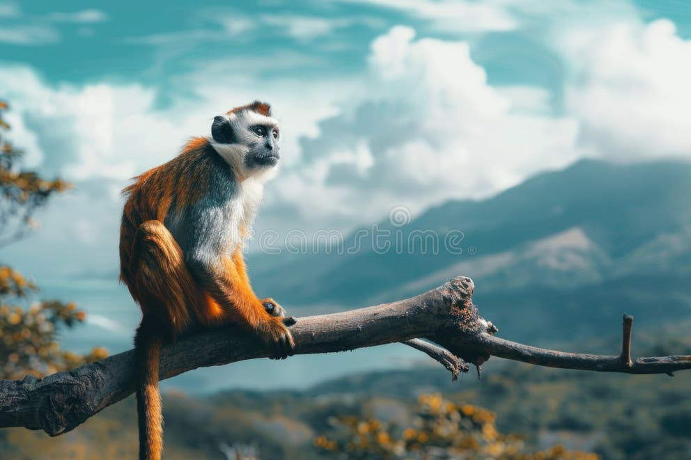 A Monkey Sitting at the Top of a Tree Branch, Looking Out into the ...