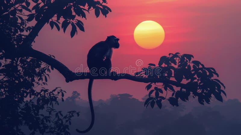 Monkey Sitting on Tree Branch at Sunset Stock Photo - Image of ...