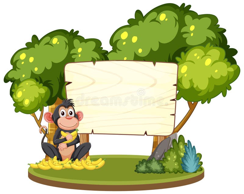 A Monkey Sitting by a Wooden Sign among Trees Stock Vector ...