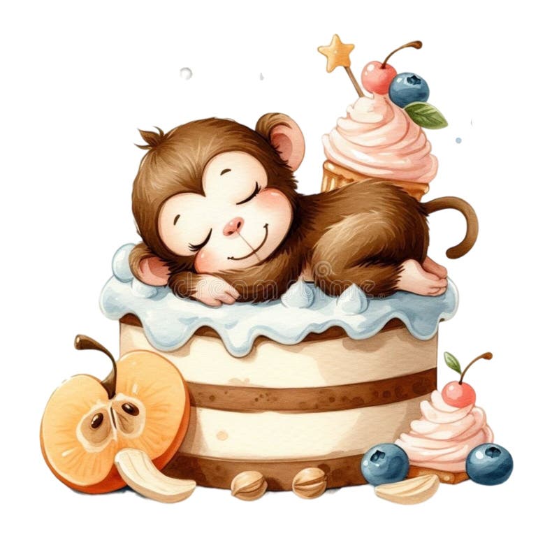 Monkey sleeping on cake stock illustration. Illustration of icon ...