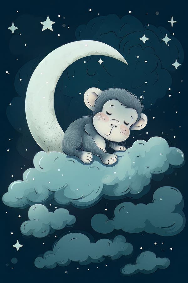 Monkey Sleeping on a Cloud on a Starry Night Stock Photo - Image of generated, cute: 276175432
