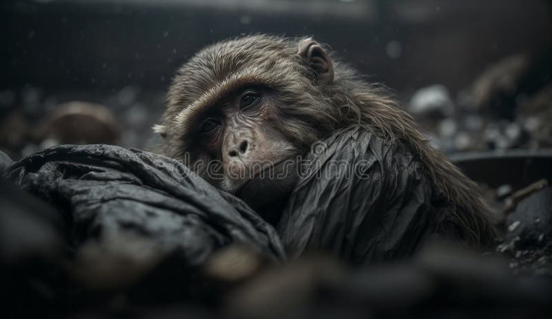 A Monkey Sleeps among the Piles of Plastic Waste and the Rain. Concept ...