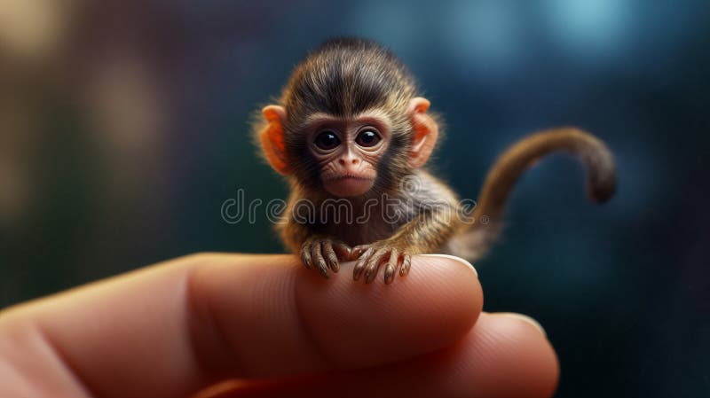 Tiny Baby Monkey Sitting on Finger in Photorealistic Painting Stock ...