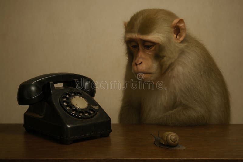 A Monkey, a Snail, and an Old Phone on the Table. Stock Image - Image ...