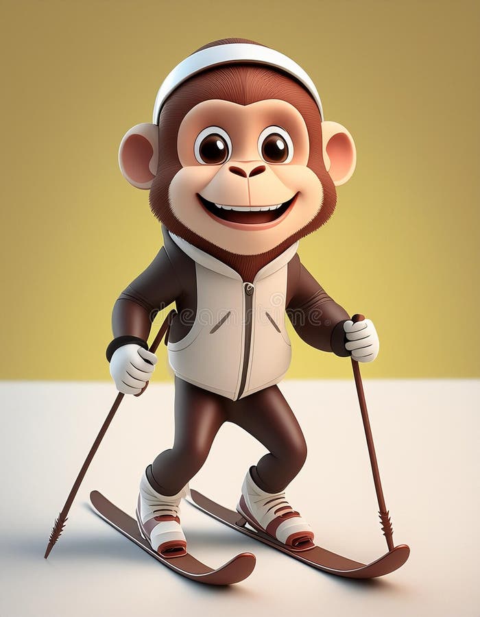 Monkey in the Snow Skiing Cartoon Stock Illustration - Illustration of ...