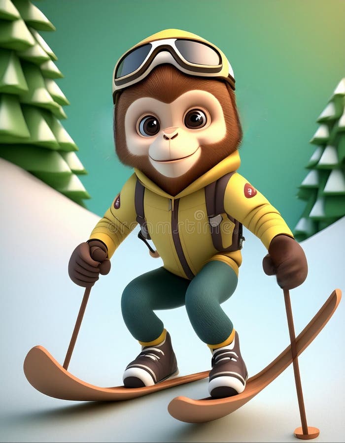 Monkey in the Snow Skiing Cartoon Stock Illustration - Illustration of ...