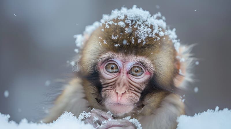 Monkey with Snowy Face in Snow Stock Image - Image of wintertime, face ...