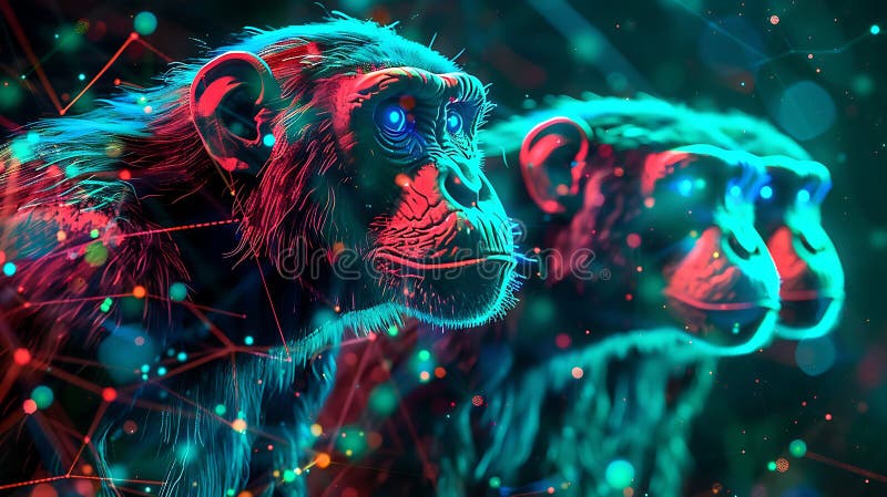 Monkey in Space 3D Rendering with Neon Lines and Dots Stock ...