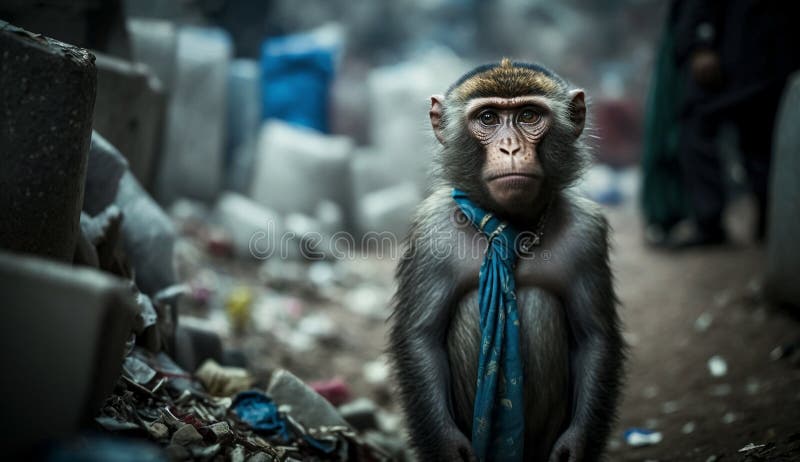 A Monkey Stand among the Piles of Plastic Waste and the Rain. Concept ...