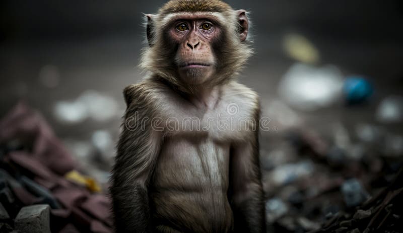A Monkey Standing among the Piles of Plastic with Looking for Food and ...