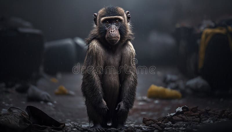 A Monkey Standing among the Piles of Plastic Waste and the Rain,Concept ...