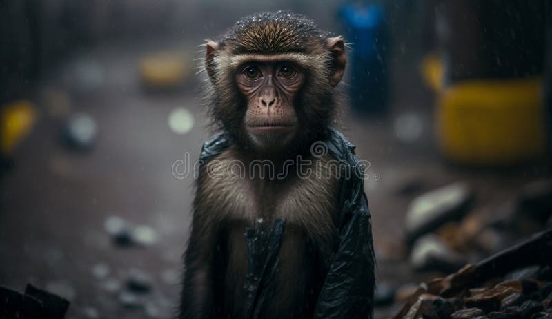 Monkey Standing among Plastic and Rain Concept of Saving the World ...