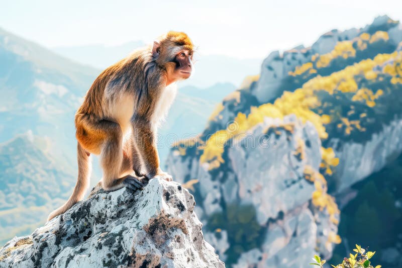 Monkey is Standing on a Rock in Front of a Mountain Stock Image - Image ...