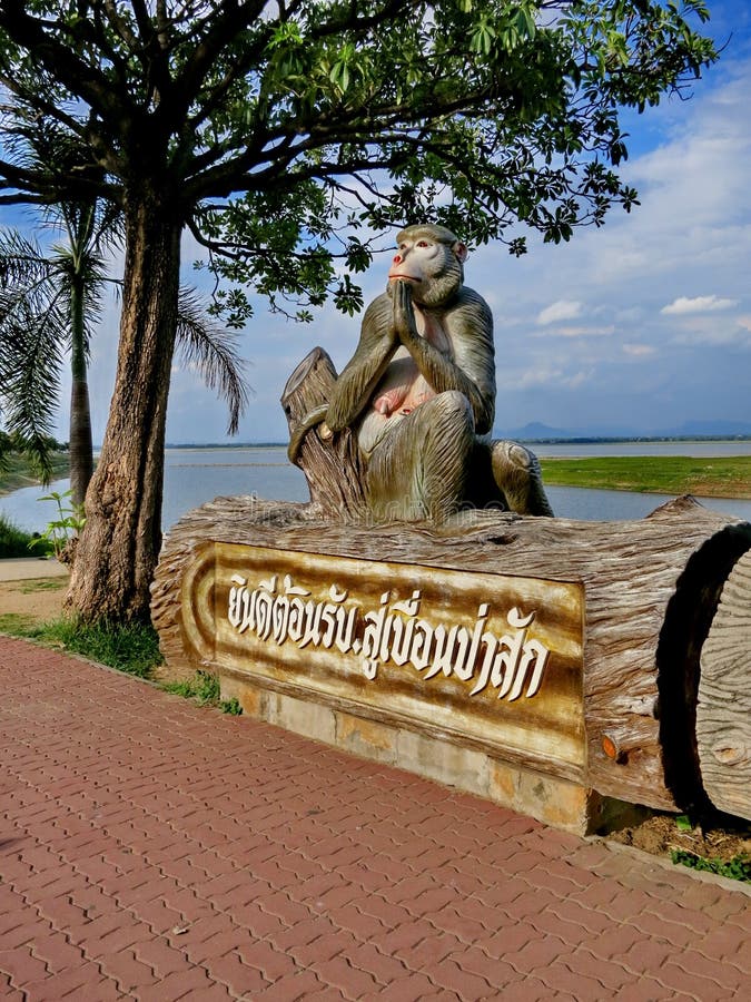Monkey Statue Welcome To the Edge of the Dam. Stock Image - Image of ...