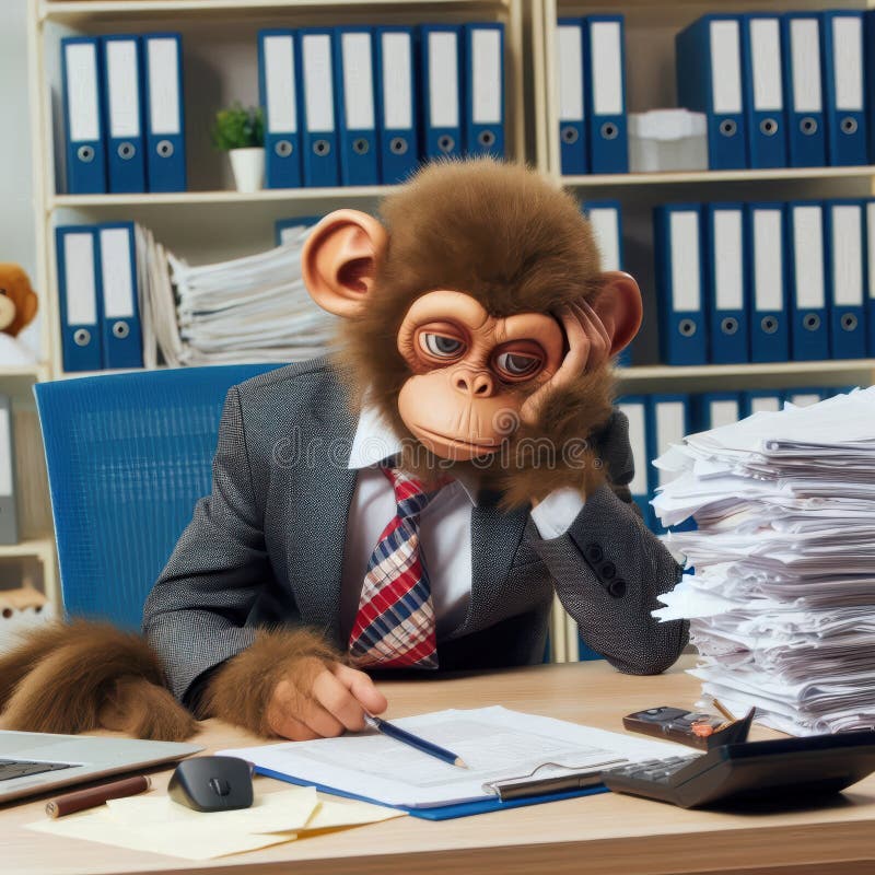Monkey in a Suit Sitting at a Desk with Paperwork and Looking Bored in ...