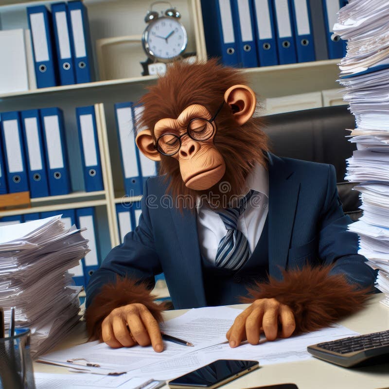 Monkey in a Suit Working at a Desk Surrounded by Paper in a Busy Office ...