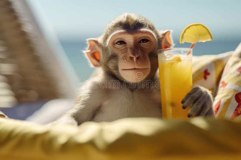 Monkey in Sunglasses with Cocktail Lounging on Beach. Generative AI ...