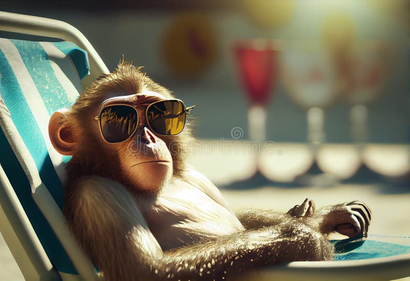 Monkey with Sunglasses Sunbathing on Sun Lounger Stock Photo - Image of ...