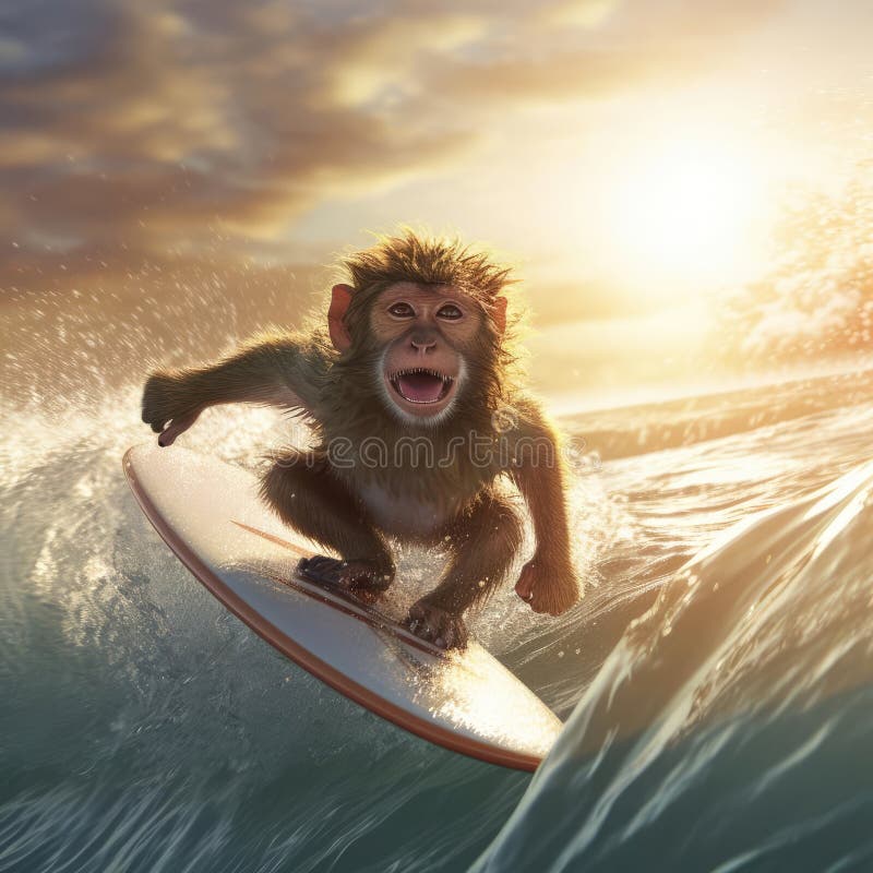Monkey on Surfboard Swimming in the Sea Stock Illustration ...