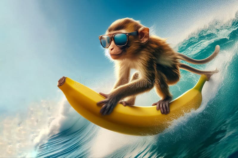 Monkey surfing on a banana stock illustration. Illustration of person - 300397344