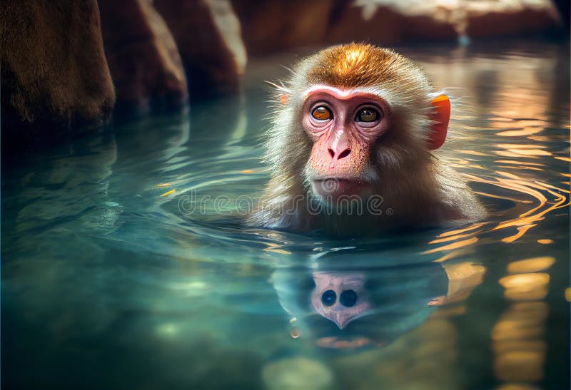 Monkey Swims in a Hot Spring in Asia. Stock Photo - Image of bathing ...