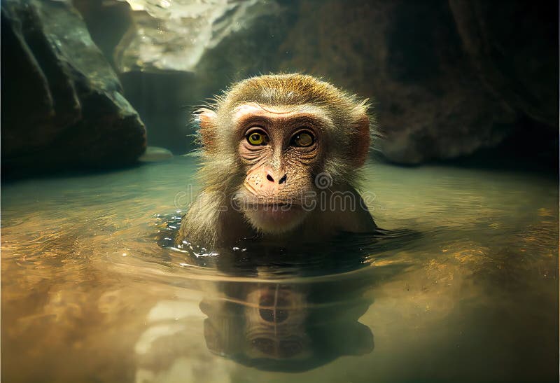 Monkey Swims in a Hot Spring in Asia. Stock Illustration - Illustration ...