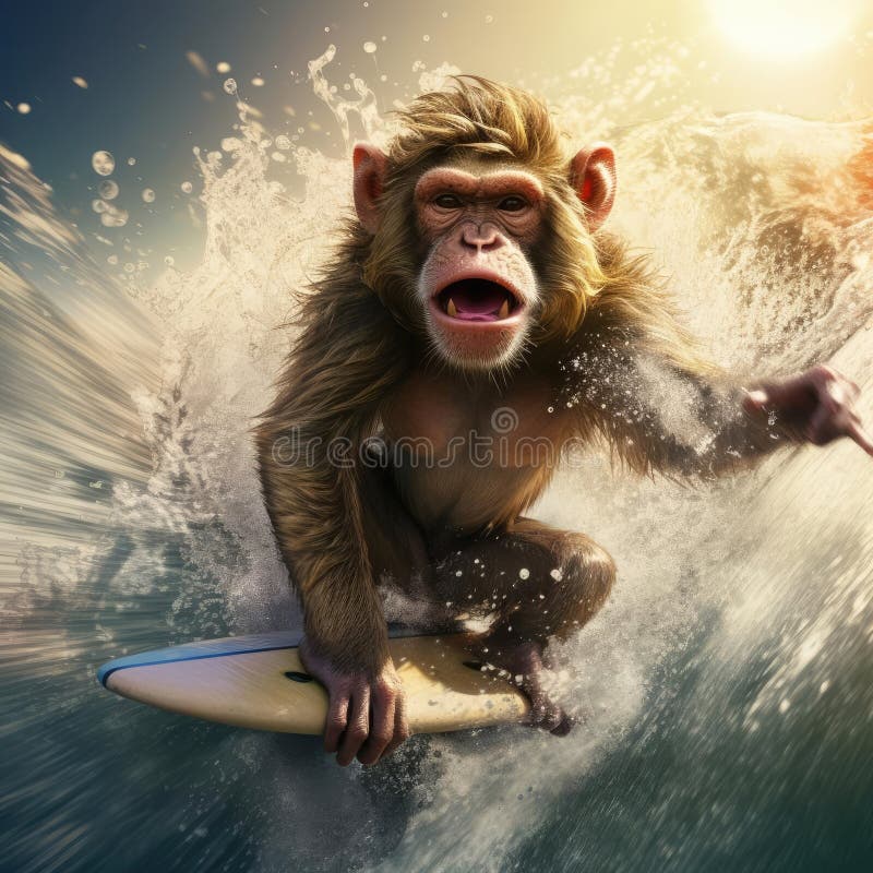 Monkey on Surfboard Swimming in the Sea Stock Illustration ...
