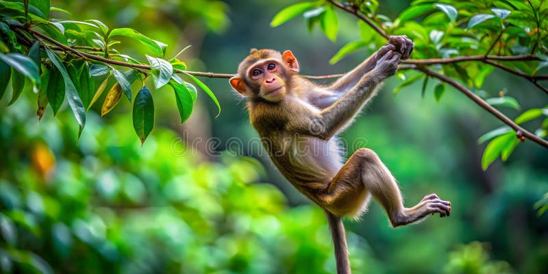 Monkey Swinging through Branches of Jungle Tree Stock Illustration ...