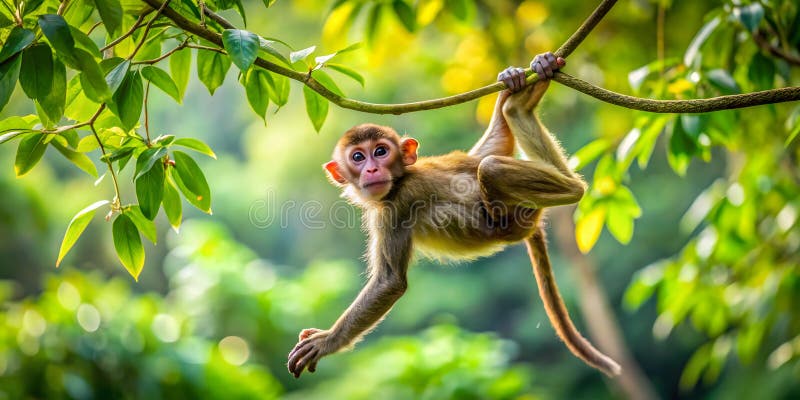 Monkey Swinging through Branches of Jungle Tree Stock Illustration ...