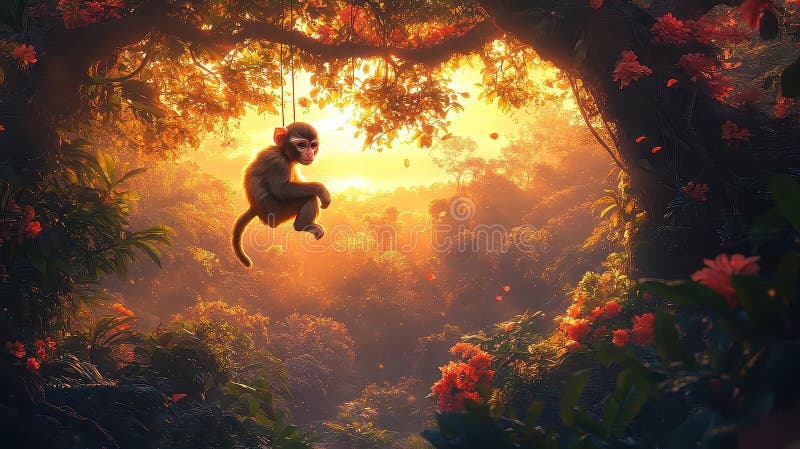 Monkey Swinging in a Jungle Sunset Stock Illustration - Illustration of ...