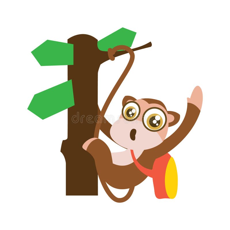 Monkey Swinging on Sign Board Tree. Vector Illustration Decorative ...