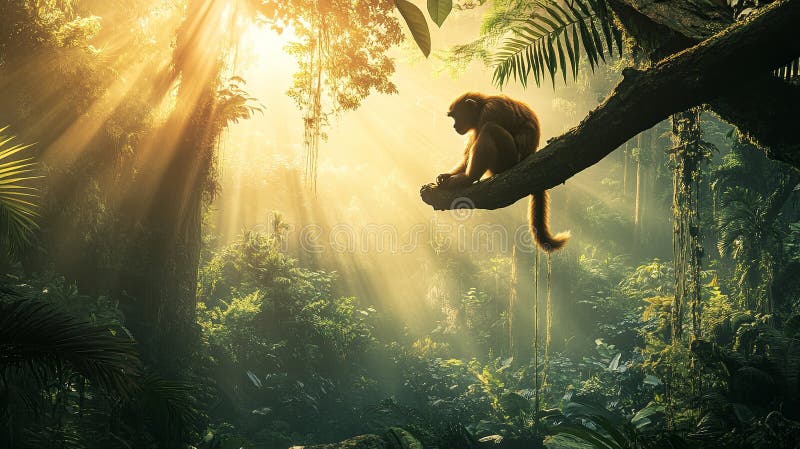 Monkey Swinging from Tree Branch in Tropical Jungle. Stock Photo ...