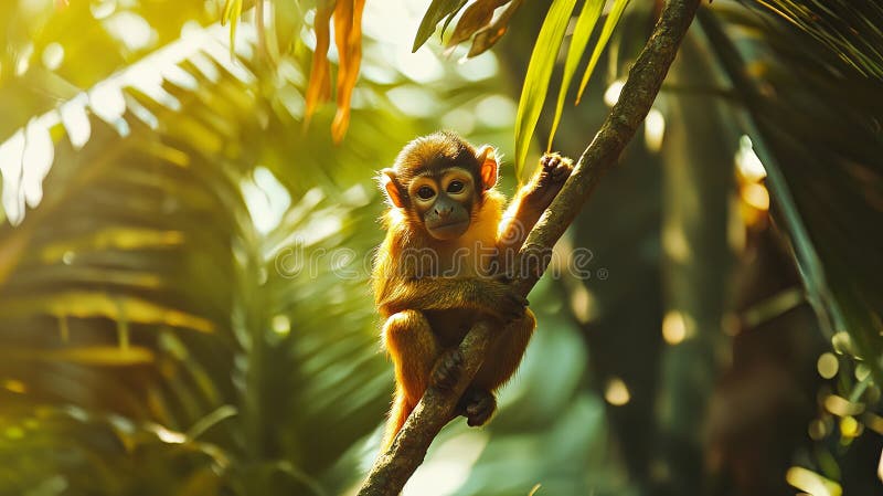 Monkey Swinging from Tree Branch in Tropical Jungle. Stock Image ...