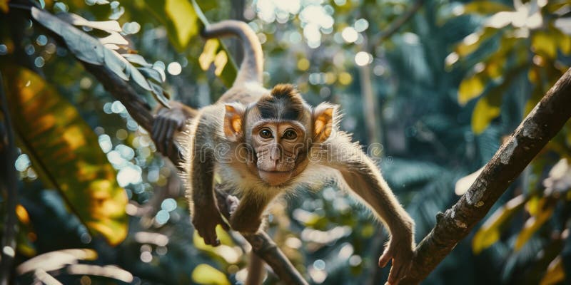 A Monkey Swinging from Tree Branches in a Dense Forest Stock Image ...