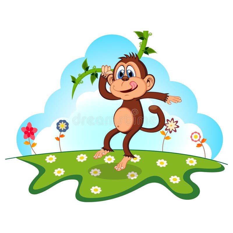Monkey Swinging on Vines Cartoon in a Garden for Your Design Stock ...
