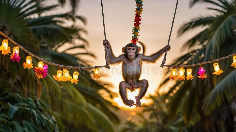 Adorable Baby Monkey Swinging at Sunset with String Lights Stock ...
