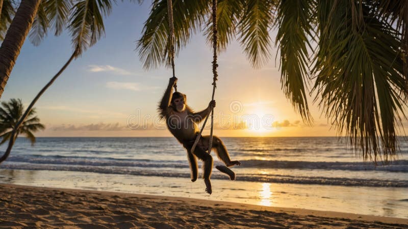 Monkey Swinging on Tropical Beach at Sunset Stock Illustration - Illustration of silhouette ...