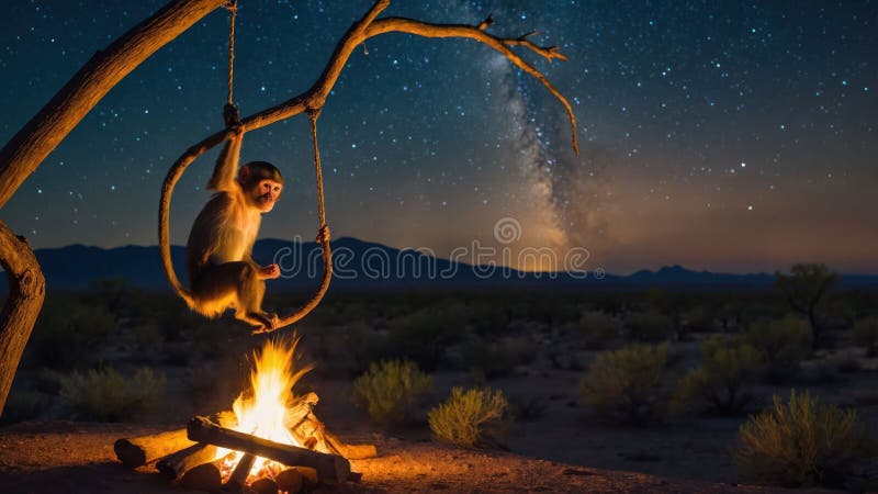 Adorable Monkey Swinging on a Branch Under Starry Night Stock ...