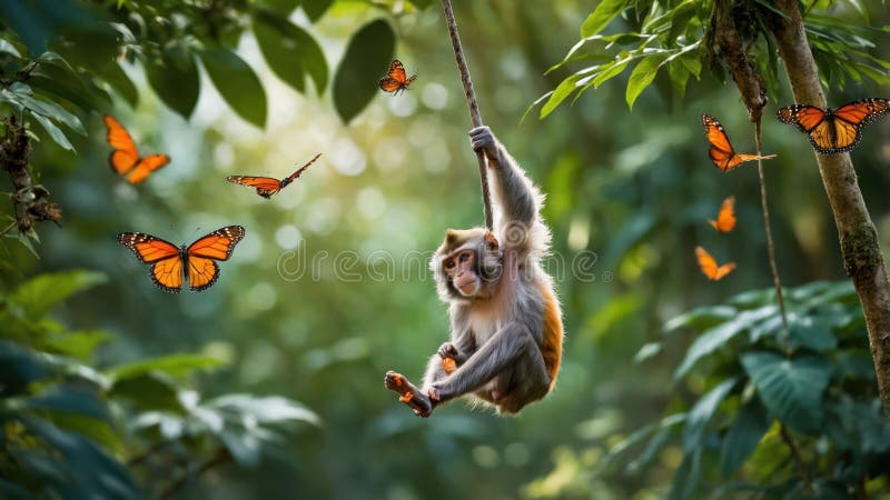 Adorable Baby Monkey Swinging on Vine Surrounded by Monarch Butterflies ...